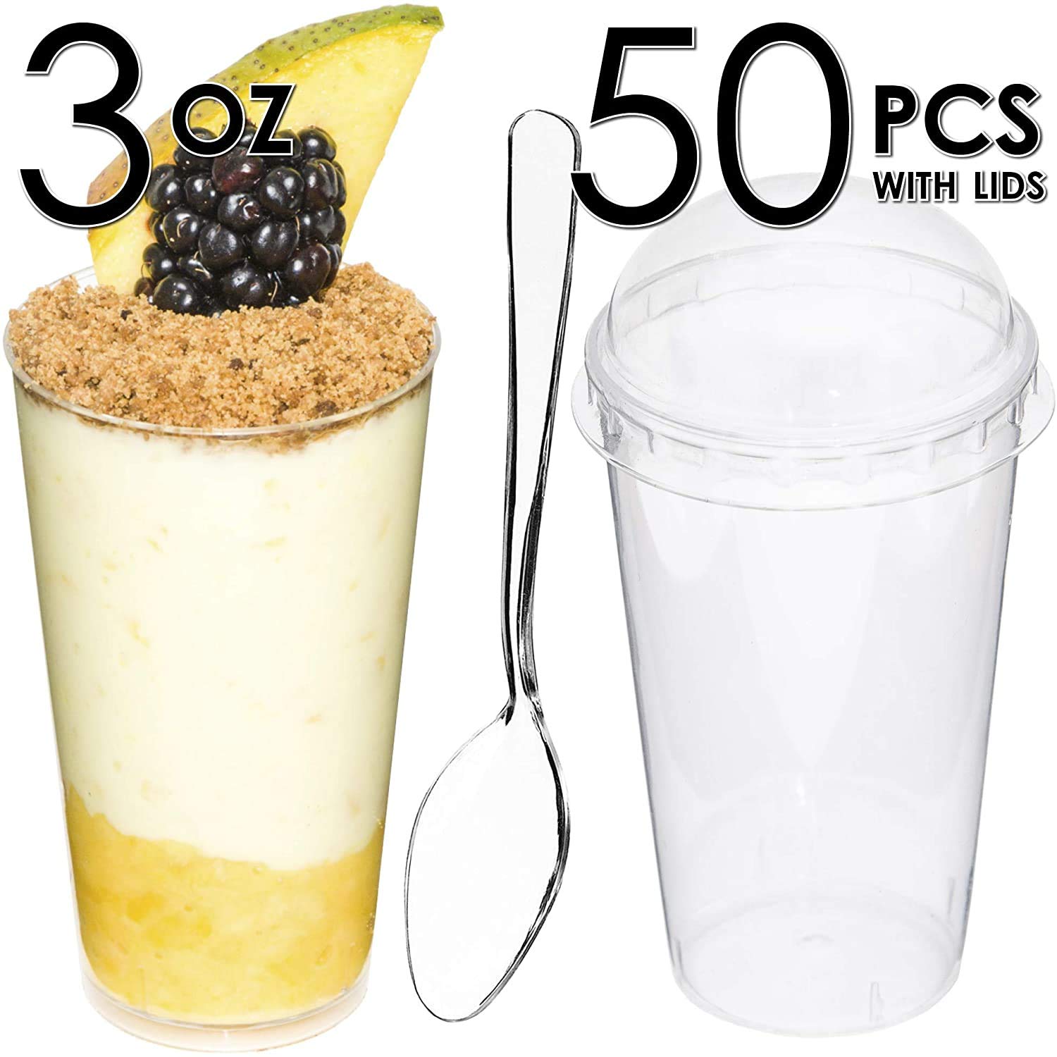 DLux 50 x 3oz Mini Dessert Cups with Lids & Spoons, Shooter - Clear Plastic Parfait Appetizer Cup - Small Reusable Cups for Tasting Party Desserts Appetizers - With Recipe Ebook