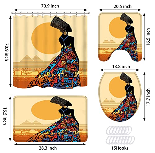 4PCS African American Woman Shower Curtain Set for Bathroom with Rugs and Accessories Sets Include Black Girl Bathroom Shower Curtain Set & 3 Non-Slip Bath Mat (Yellow)