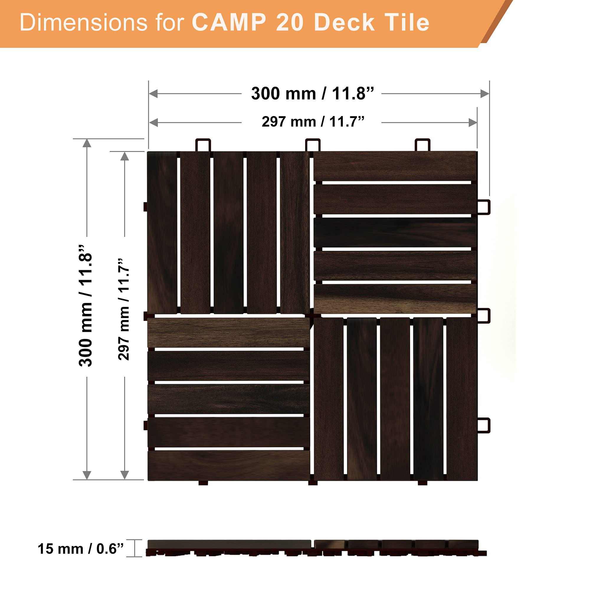 Interbuild Acacia Hardwood Interlocking Patio Deck Tiles, 12" × 12" (Pack of 10), Easy to Install Floor Tile for Both Indoor & Outdoor Use - Espresso