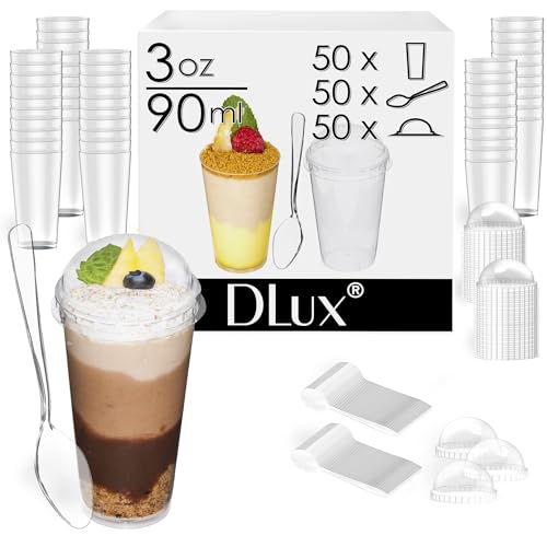 DLux 50 x 3oz Mini Dessert Cups with Lids & Spoons, Shooter - Clear Plastic Parfait Appetizer Cup - Small Reusable Cups for Tasting Party Desserts Appetizers - With Recipe Ebook