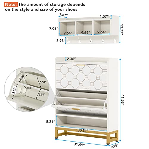 Tribesigns Shoe Storage Cabinet with Cubby Coat Rack, 3-in-1Design Free Standing Entryway Shoe Rack Cabinet with 2 Flip Drawers,5 Hooks,3 Storage Cubbies for Hallway, Mudroom, White and Gold