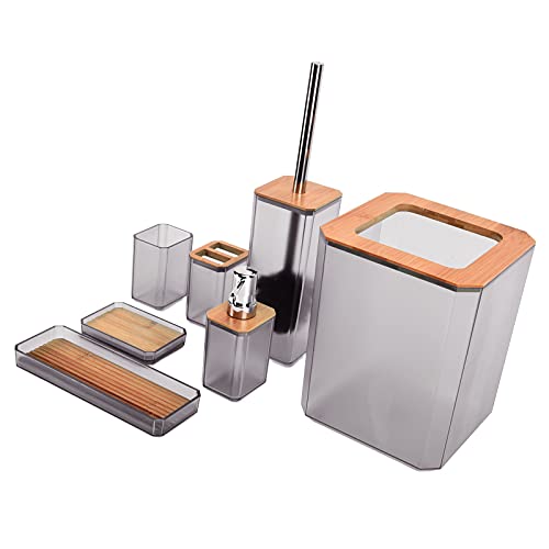 FIYO 7 Pcs Bamboo Bathroom Accessories Set, Bath Accessories Set with Soap Dish, Toothbrush Holder, Cup, Soap Dispenser, Trash Bin, Toilet Brush with Holder for Home Hotel(Grey)