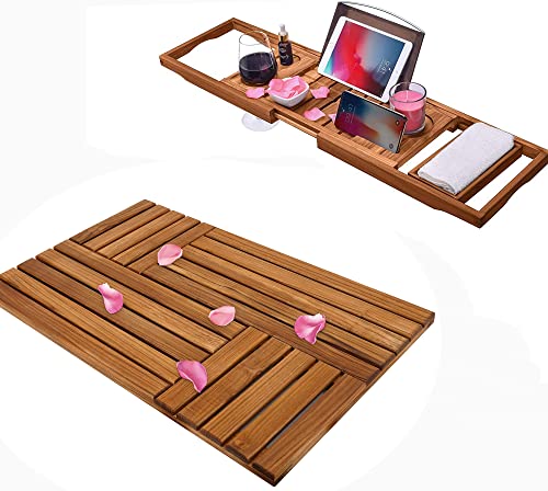 Utoplike Teak Wood Bath Mat, 31.8 x 20 inch Large Wooden Shower Mat for Bathroom and Bathtub Caddy Tray Bath Tray for Tub Set