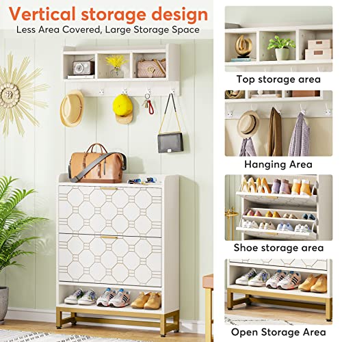 Tribesigns Shoe Storage Cabinet with Cubby Coat Rack, 3-in-1Design Free Standing Entryway Shoe Rack Cabinet with 2 Flip Drawers,5 Hooks,3 Storage Cubbies for Hallway, Mudroom, White and Gold
