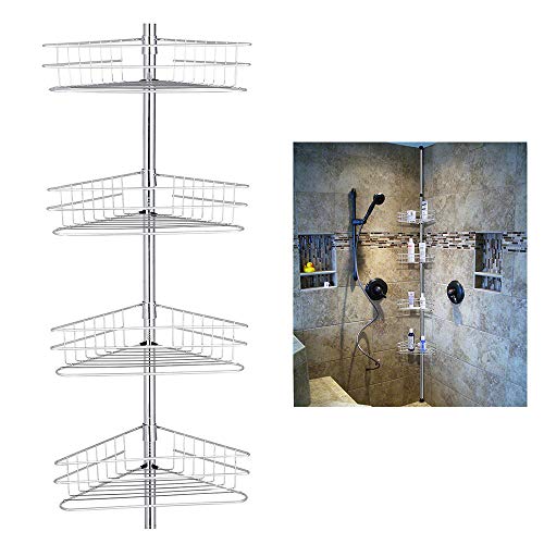 Gdrasuya10 4-Tier Bathroom Shower Shelf Rack storage basket with hook Constant Tension Corner Shower Caddy Shower Tension Pole Caddy 4-Shelf Rustproof Shower Tension Pole Caddy