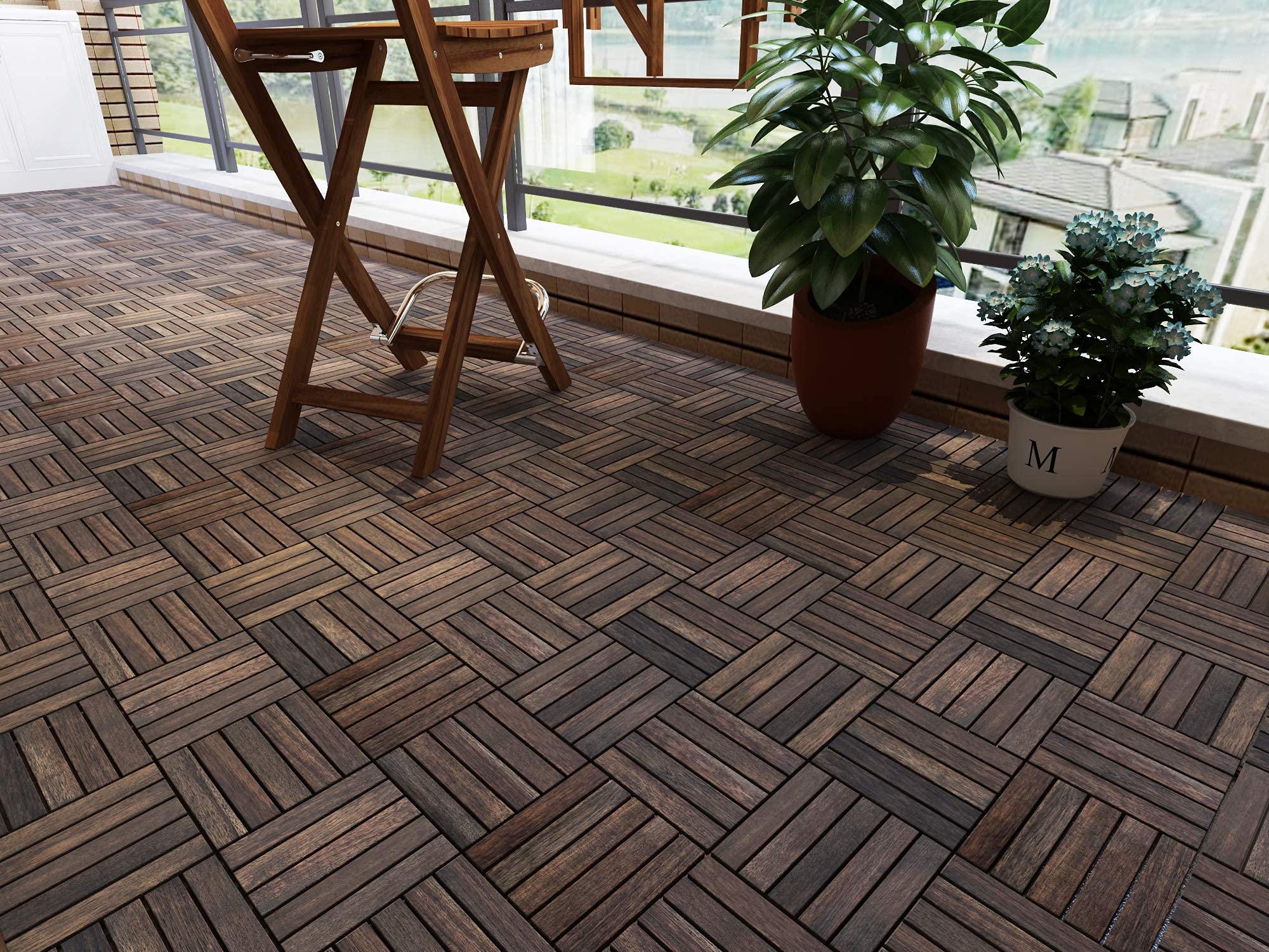 Interbuild Acacia Hardwood Interlocking Patio Deck Tiles, 12" × 12" (Pack of 10), Easy to Install Floor Tile for Both Indoor & Outdoor Use - Espresso