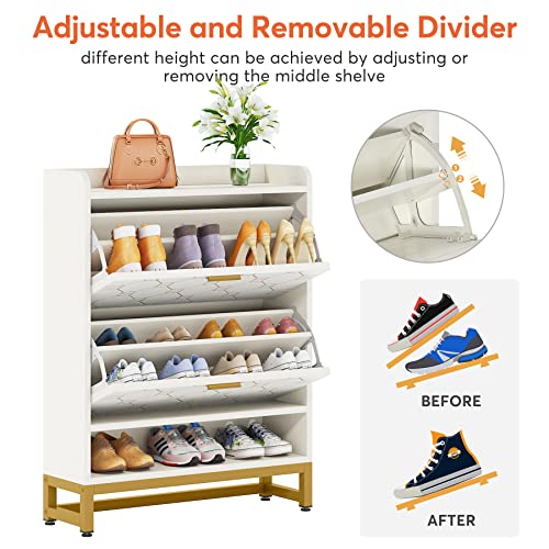 Tribesigns Shoe Storage Cabinet with Cubby Coat Rack, 3-in-1Design Free Standing Entryway Shoe Rack Cabinet with 2 Flip Drawers,5 Hooks,3 Storage Cubbies for Hallway, Mudroom, White and Gold