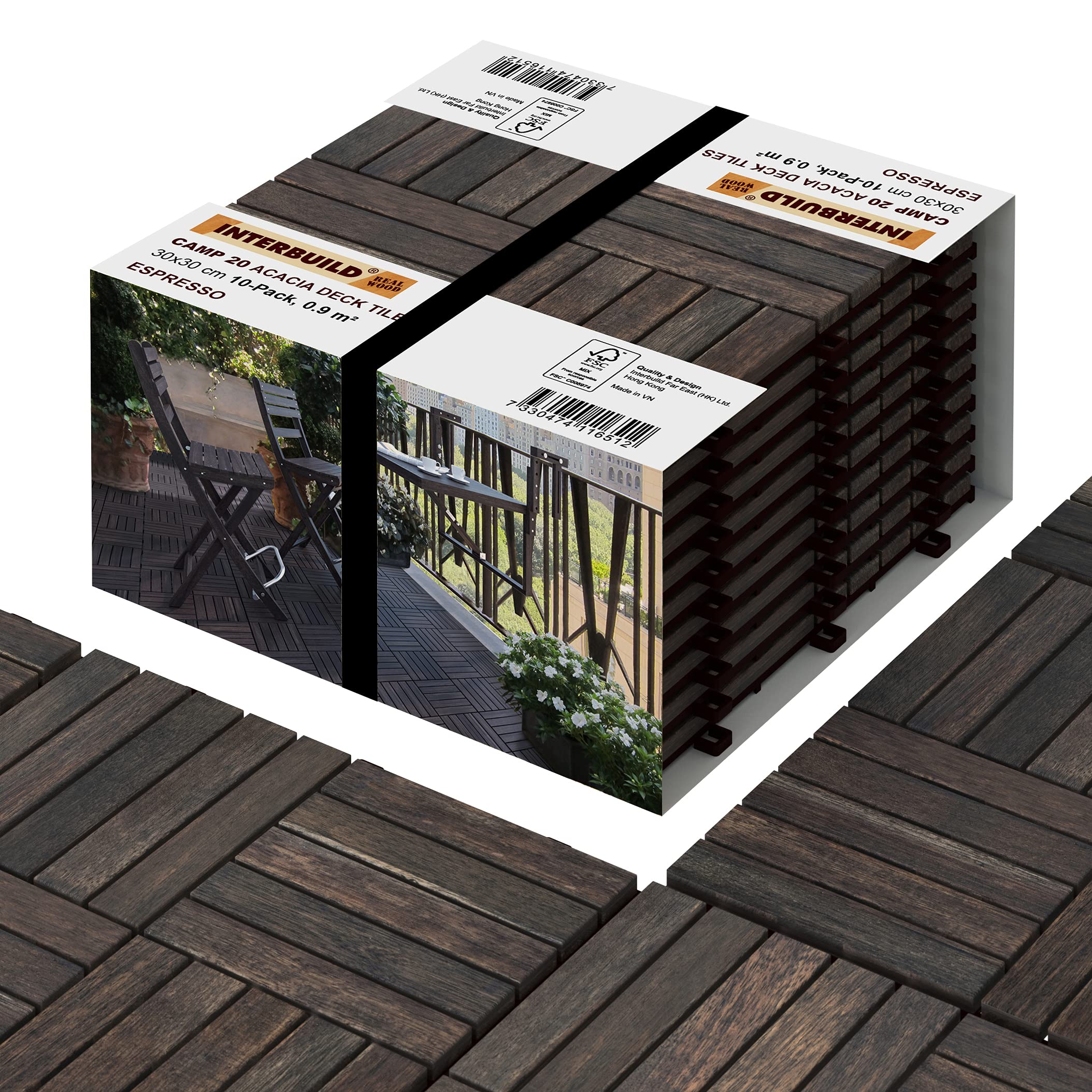 Interbuild Acacia Hardwood Interlocking Patio Deck Tiles, 12" × 12" (Pack of 10), Easy to Install Floor Tile for Both Indoor & Outdoor Use - Espresso