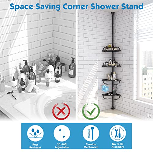 Shower Caddy Corner, 56 to 125 Inch Adjustable Tension Pole Corner Shower Caddy with 4 ABS Baskets,Rustproof Stainless Pole, Drill Free Shower Rack, Large Shower Storage Shelf for Inside Shower