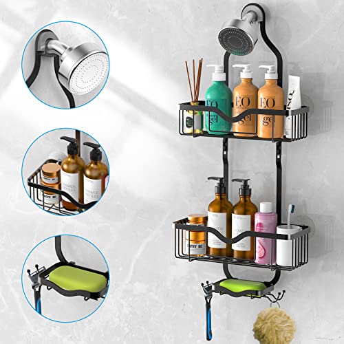 Kerisgo Hanging Shower Caddy, Over Head Shower Caddy Shower Organizer Rack with Soap Dish, Shower Storage Basket for Shampoo, Conditioner, Razors, Soap, Shower Sponge (Black)