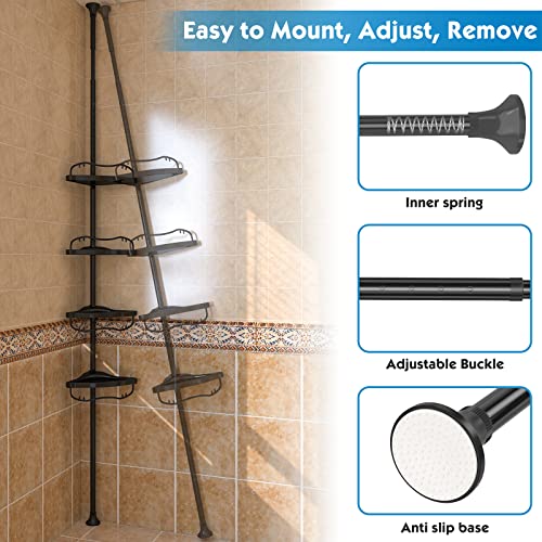 Shower Caddy Corner, 56 to 125 Inch Adjustable Tension Pole Corner Shower Caddy with 4 ABS Baskets,Rustproof Stainless Pole, Drill Free Shower Rack, Large Shower Storage Shelf for Inside Shower