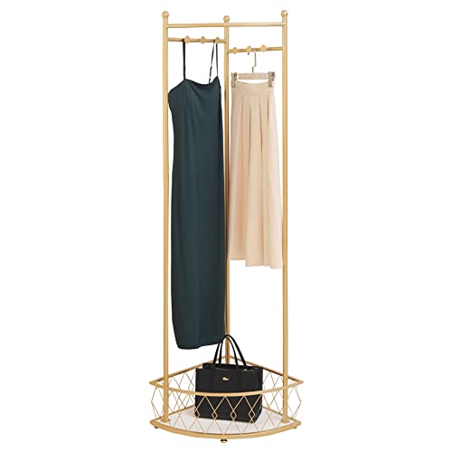Cre Cra Corner Clothing Rack Gold Clothes Rack with Storage Basket Metal Corner Coat Rack Stand Modern Garment Rack for Hanging Clothes for Bedroom Boutiques Clothes Organizer for Bag, Scarf, Jacket