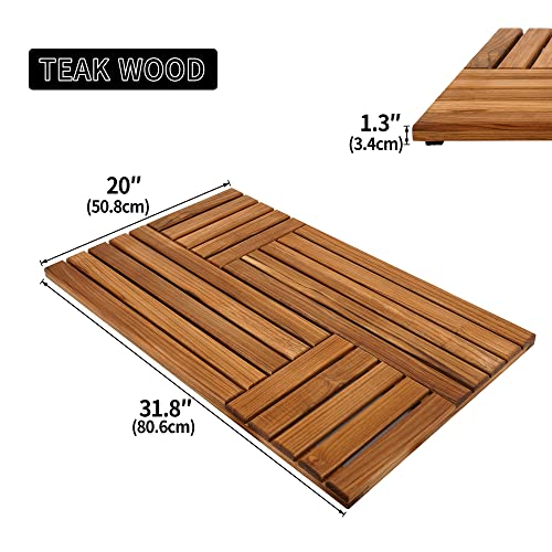 Utoplike Teak Wood Bath Mat, 31.8 x 20 inch Large Wooden Shower Mat for Bathroom and Bathtub Caddy Tray Bath Tray for Tub Set