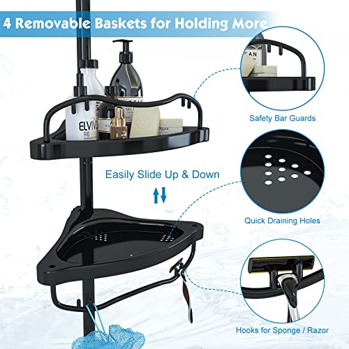 Shower Caddy Corner, 56 to 125 Inch Adjustable Tension Pole Corner Shower Caddy with 4 ABS Baskets,Rustproof Stainless Pole, Drill Free Shower Rack, Large Shower Storage Shelf for Inside Shower