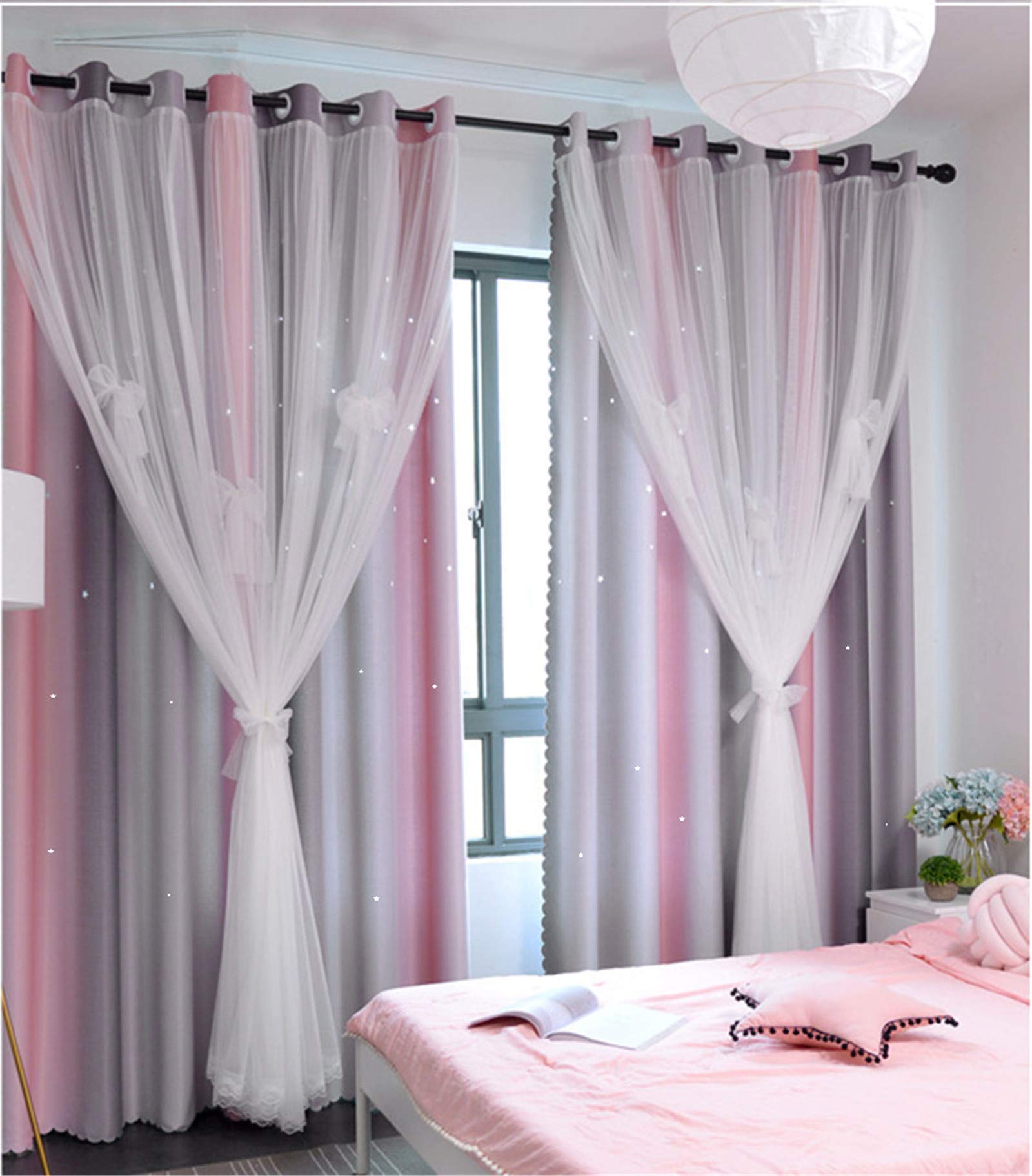 Yancorp Curtains for Girls Bedroom Kids Room Curtain Colorful Window Nursery Curtain 63 inches Length Room Darkening Grommet 2 Layers (Pink Grey, W52 X L63)
