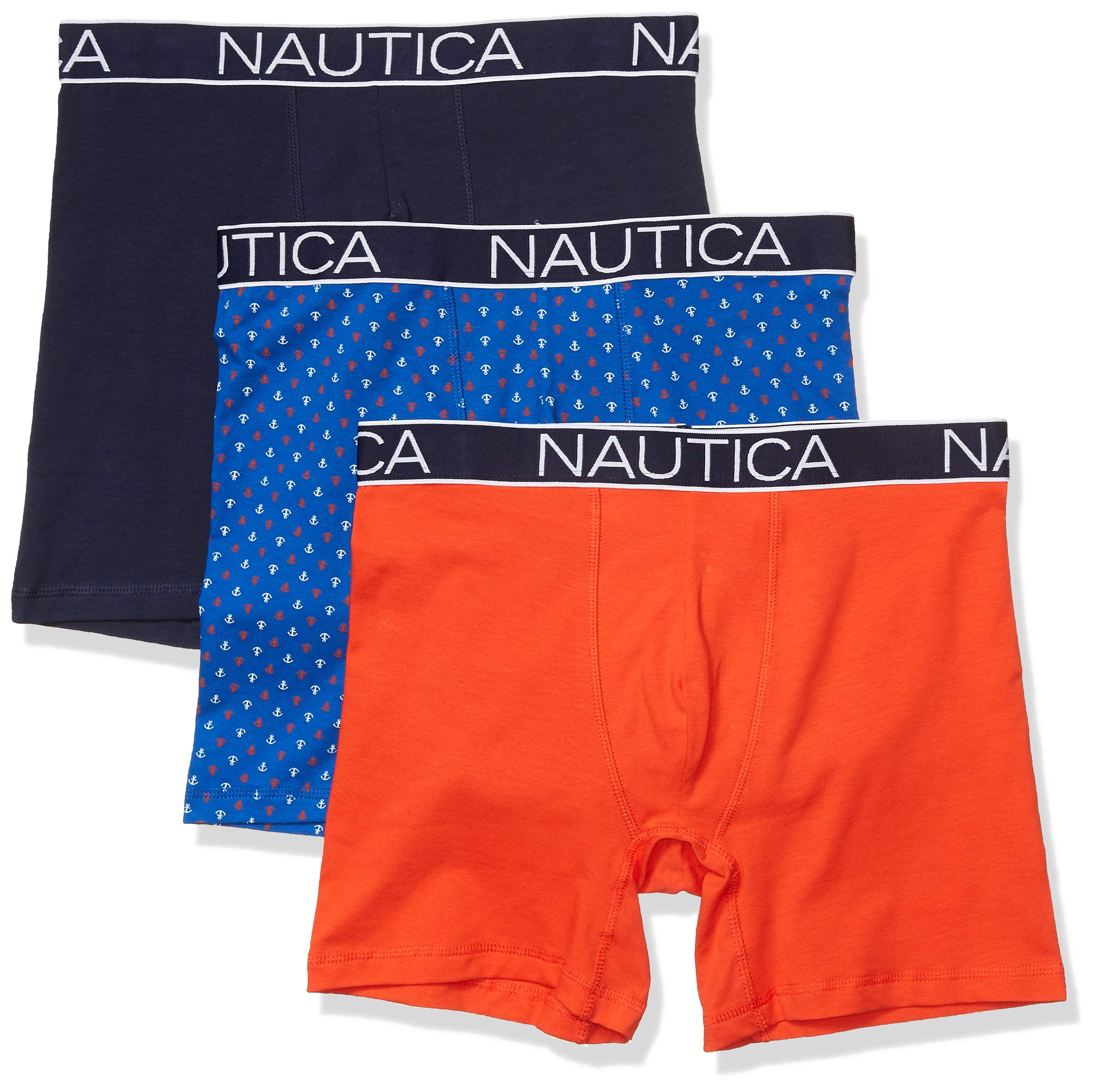 Nautica Men's 3-Pack Classic Cotton Stretch Boxer Briefs, Peacoat/Orange Poppy/Anchor Print Cobalt, Small