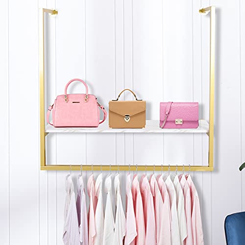 Gold Wall Mounted Clothes Rack Square Wall Pole, U Shape Industrial Pipe Hanging Clothes Rack Retail Garment Display Rack with One Layer Shelving Shelves for Retail Stores, Boutiques, Shops, Homes