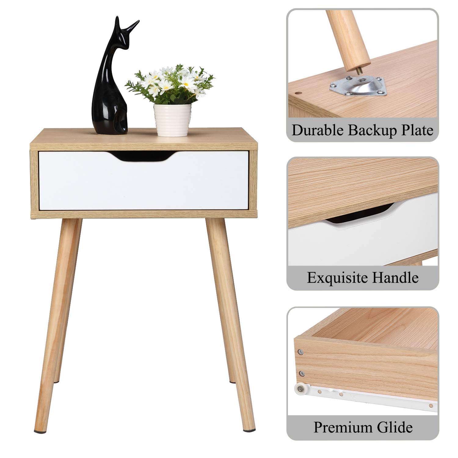 Bonnlo White & Nature Wood Nightstand End Side Table with Drawer & Solid Wood Legs for Living Room, Bedroom, Small End Side Table Bed Side Tables/Night Stands for Small Spaces, 18.2x15.7x24.4in