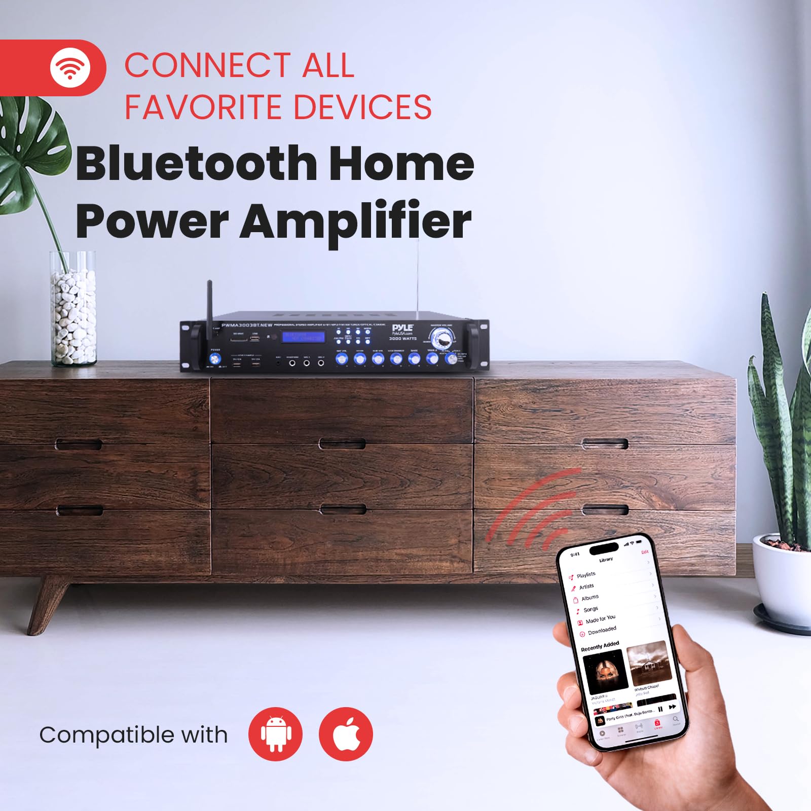 Pyle Bluetooth Home Audio Power Amplifier -4 Ch. 3000W, Stereo Receiver w/Speaker Selector, FM Radio, USB, Headphone, 2 Wireless Mics for Karaoke, Great for Home Entertainment System - PWMA3003BT.NEW