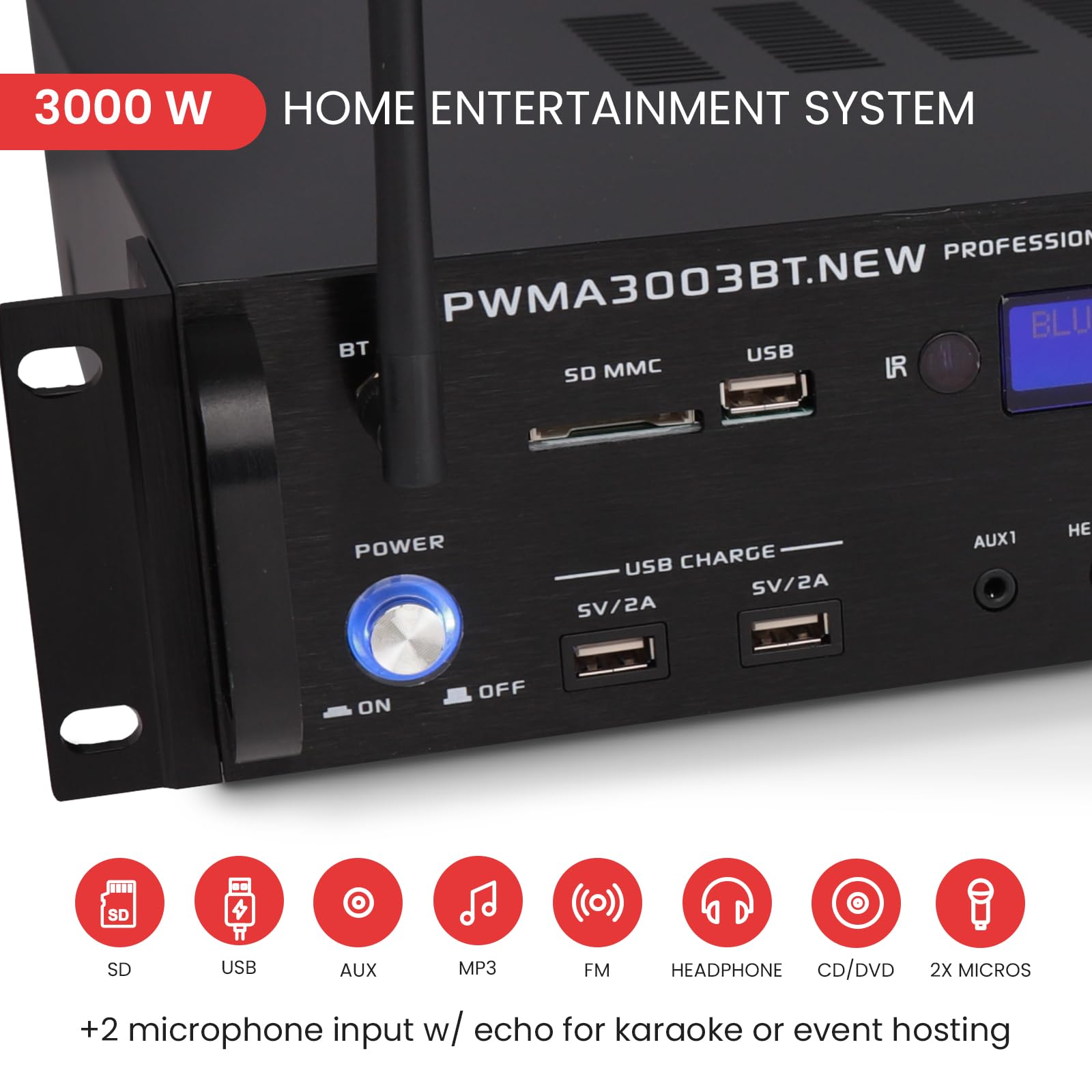 Pyle Bluetooth Home Audio Power Amplifier -4 Ch. 3000W, Stereo Receiver w/Speaker Selector, FM Radio, USB, Headphone, 2 Wireless Mics for Karaoke, Great for Home Entertainment System - PWMA3003BT.NEW