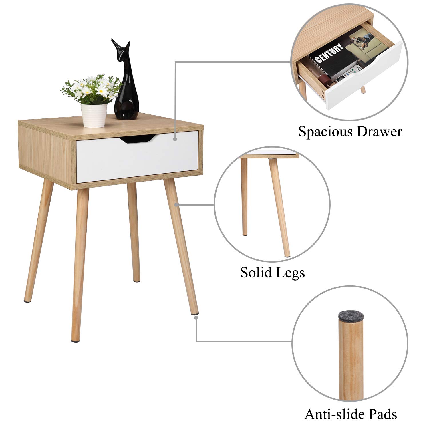Bonnlo White & Nature Wood Nightstand End Side Table with Drawer & Solid Wood Legs for Living Room, Bedroom, Small End Side Table Bed Side Tables/Night Stands for Small Spaces, 18.2x15.7x24.4in