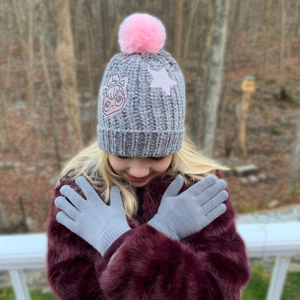 LOL Surprise Soft Chenille Winter Hat & Gloves Set for Girls with Pompom and LOL Doll Patches Grey