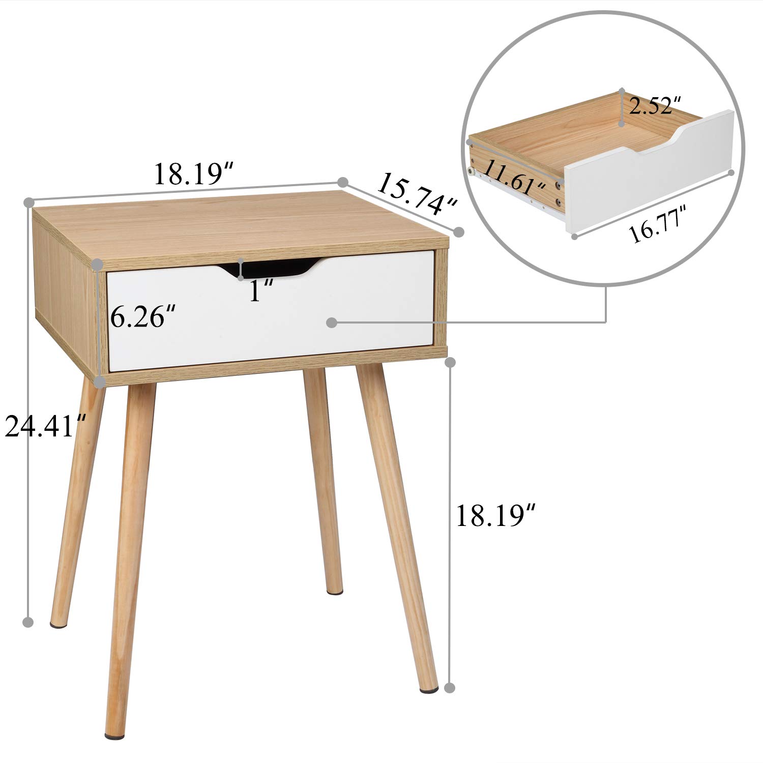 Bonnlo White & Nature Wood Nightstand End Side Table with Drawer & Solid Wood Legs for Living Room, Bedroom, Small End Side Table Bed Side Tables/Night Stands for Small Spaces, 18.2x15.7x24.4in