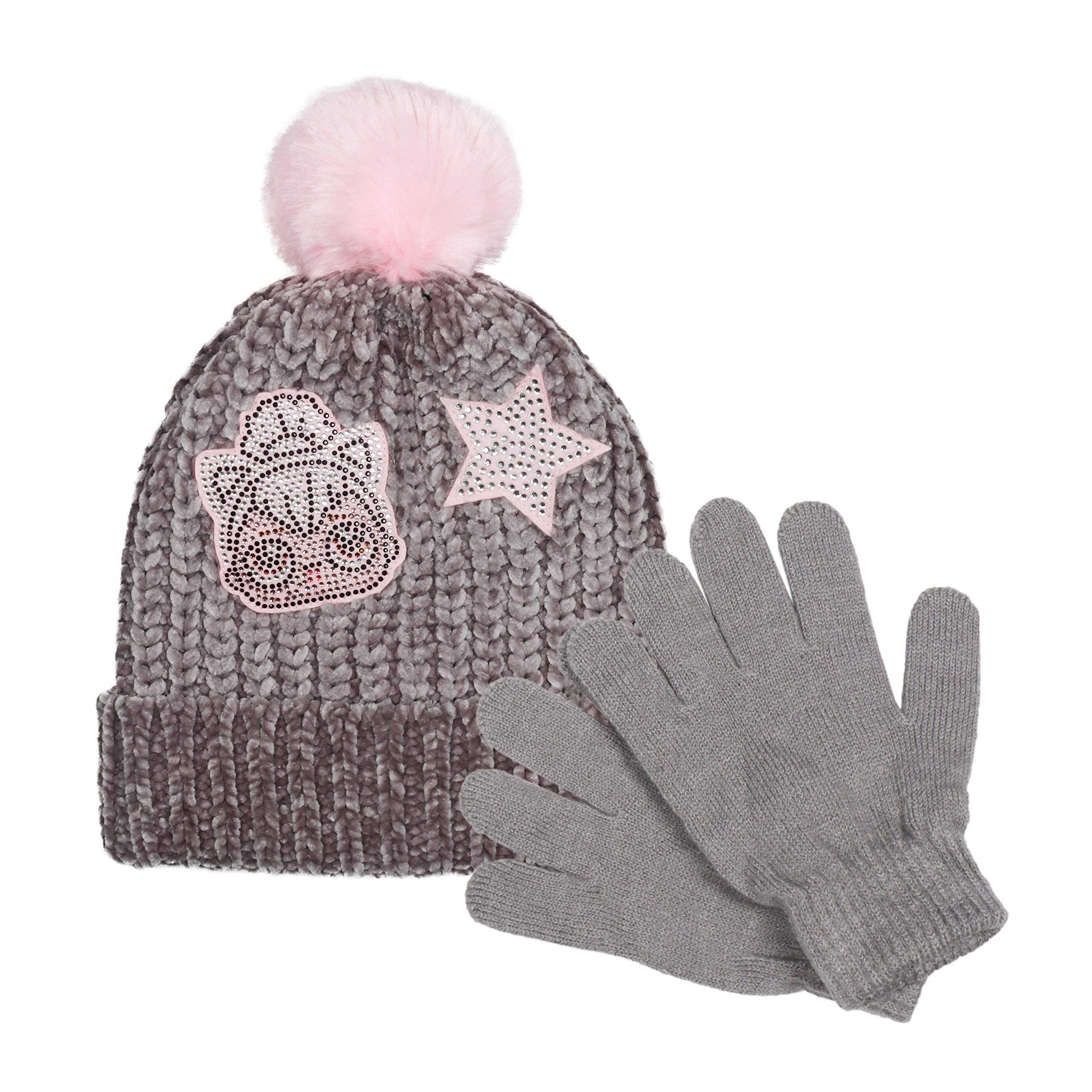LOL Surprise Soft Chenille Winter Hat & Gloves Set for Girls with Pompom and LOL Doll Patches Grey