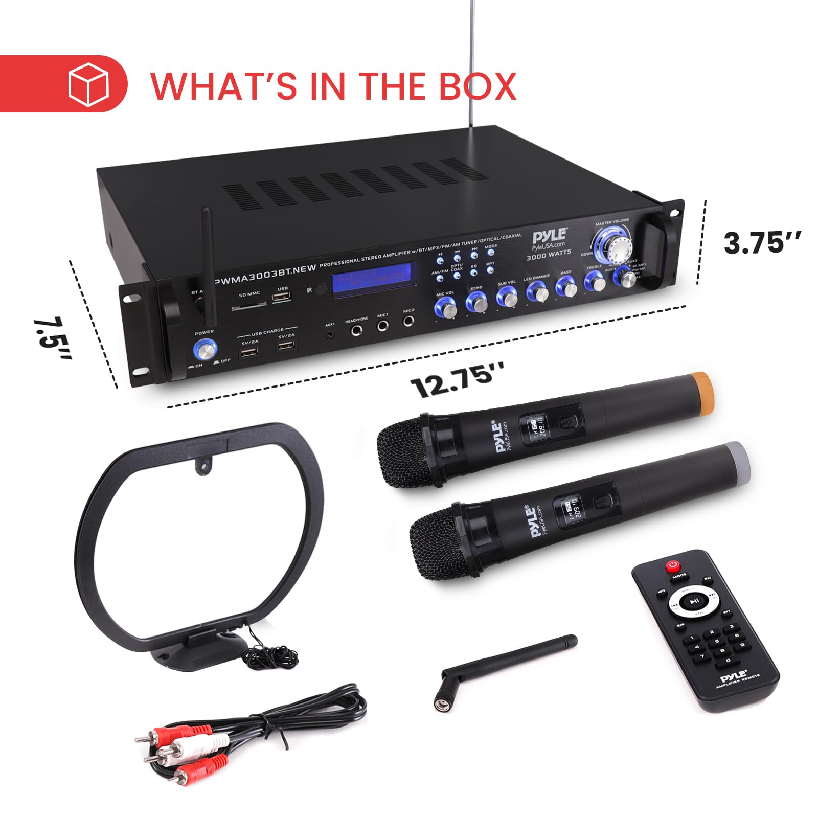 Pyle Bluetooth Home Audio Power Amplifier -4 Ch. 3000W, Stereo Receiver w/Speaker Selector, FM Radio, USB, Headphone, 2 Wireless Mics for Karaoke, Great for Home Entertainment System - PWMA3003BT.NEW