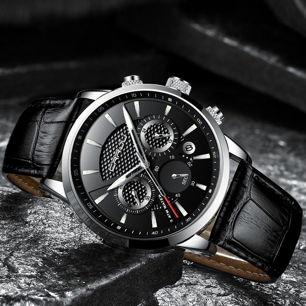 CRRJU Fashion 3-Sub Chronograph Auto Date Sport Quartz Leather Wrist Watches for Men