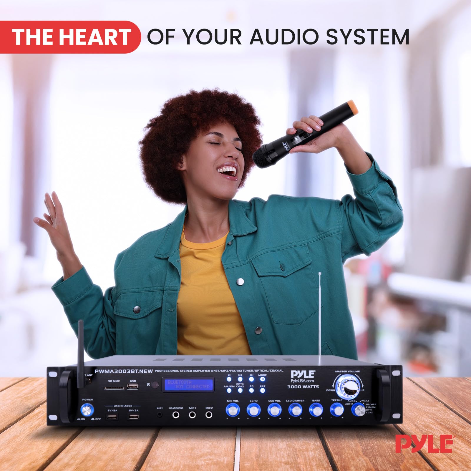 Pyle Bluetooth Home Audio Power Amplifier -4 Ch. 3000W, Stereo Receiver w/Speaker Selector, FM Radio, USB, Headphone, 2 Wireless Mics for Karaoke, Great for Home Entertainment System - PWMA3003BT.NEW