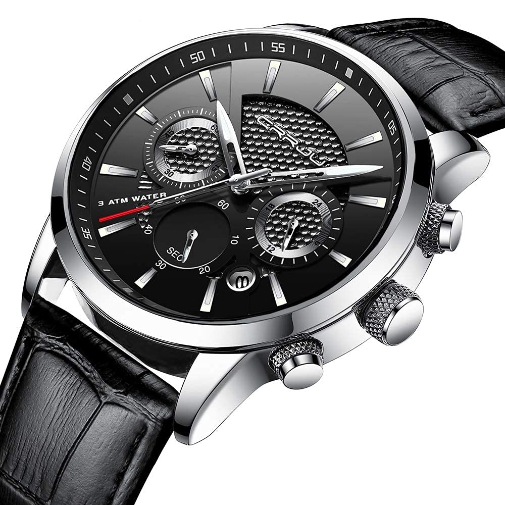 CRRJU Fashion 3-Sub Chronograph Auto Date Sport Quartz Leather Wrist Watches for Men