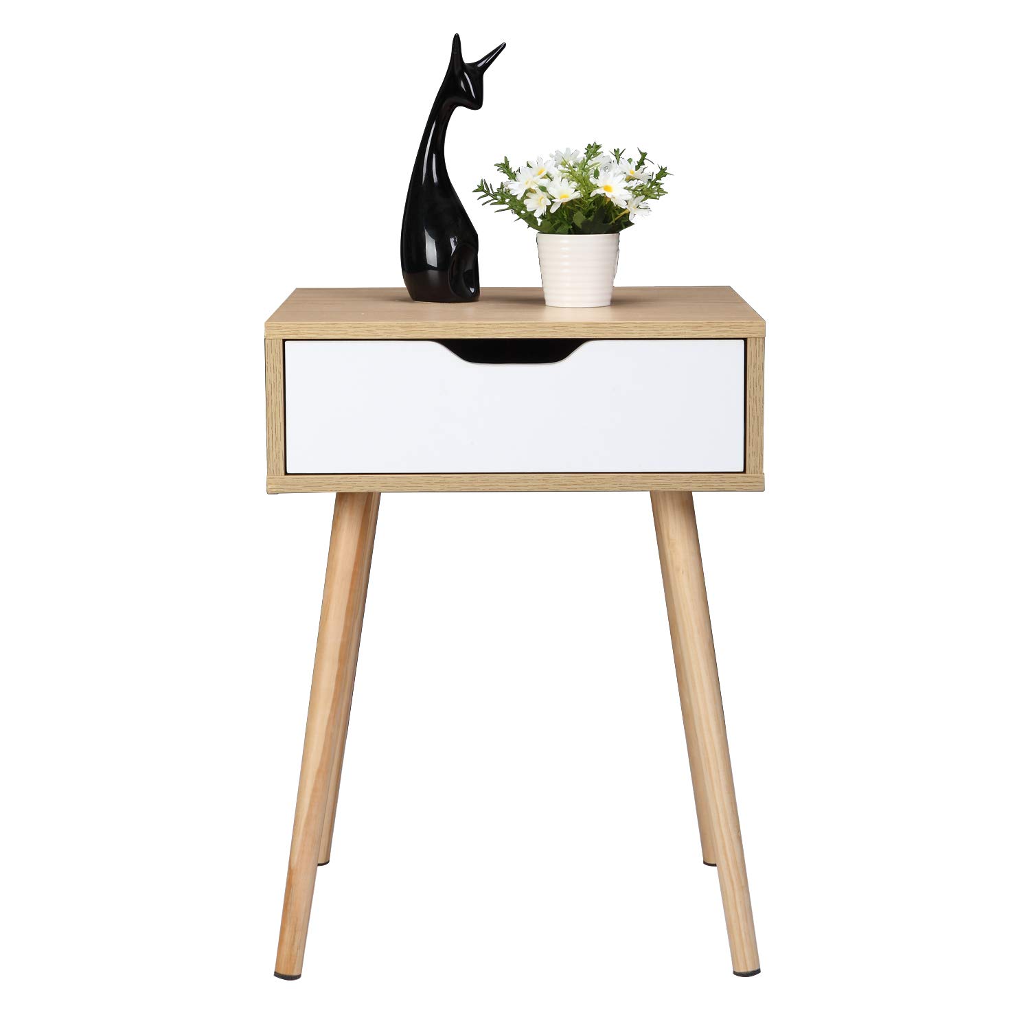 Bonnlo White & Nature Wood Nightstand End Side Table with Drawer & Solid Wood Legs for Living Room, Bedroom, Small End Side Table Bed Side Tables/Night Stands for Small Spaces, 18.2x15.7x24.4in