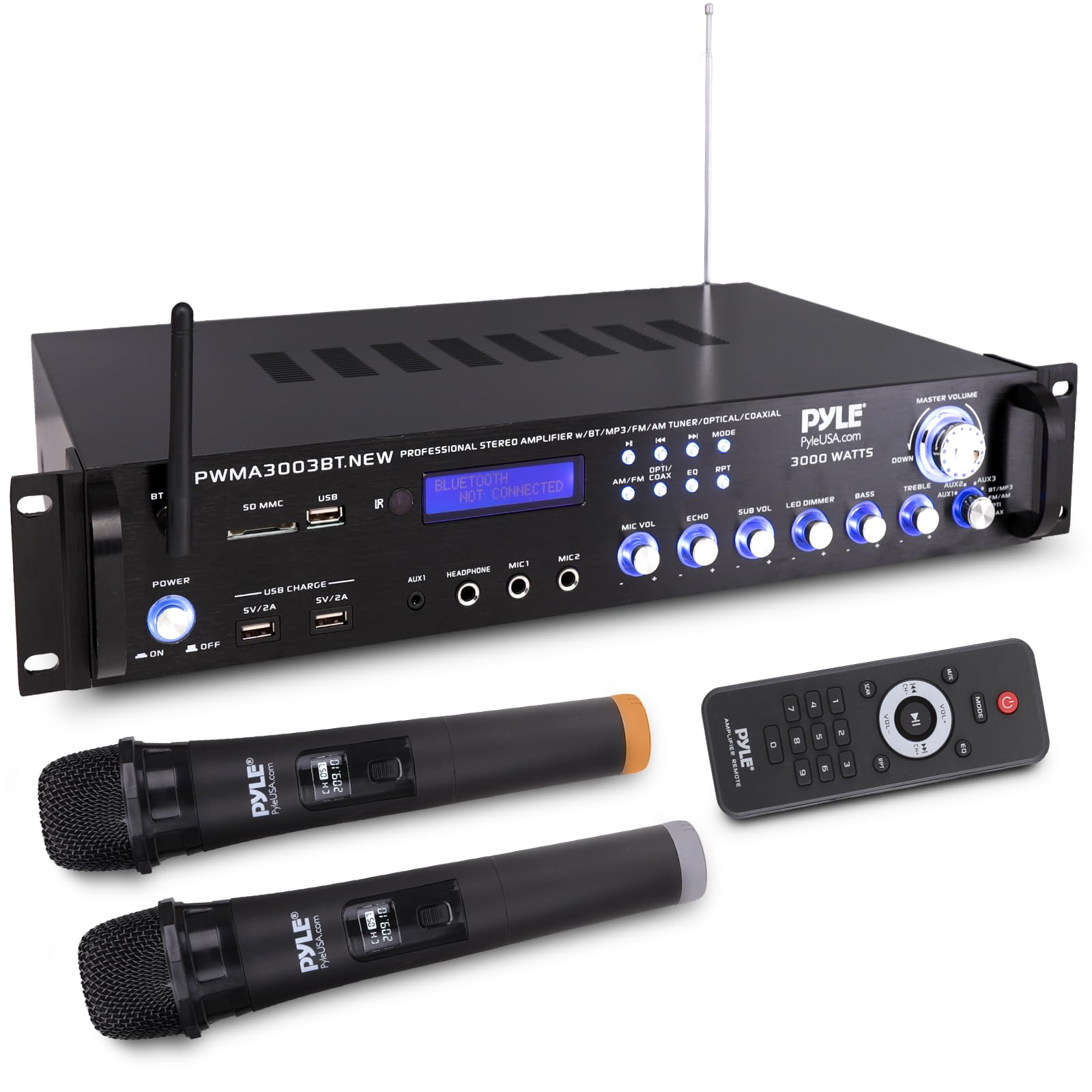 Pyle Bluetooth Home Audio Power Amplifier -4 Ch. 3000W, Stereo Receiver w/Speaker Selector, FM Radio, USB, Headphone, 2 Wireless Mics for Karaoke, Great for Home Entertainment System - PWMA3003BT.NEW