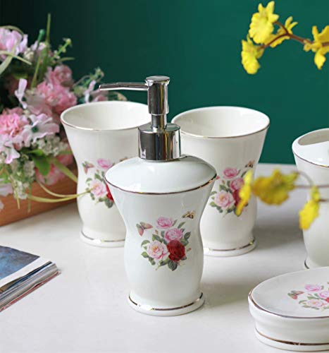 JruF Round Pink and White Set of 5 Bathroom Accessories Set-Pink Flowers Porcelain Pattern Modern Dressing Accessories Set Including Tumbler, Toothbrush Holder and Lotion Bottle, Soap Dish