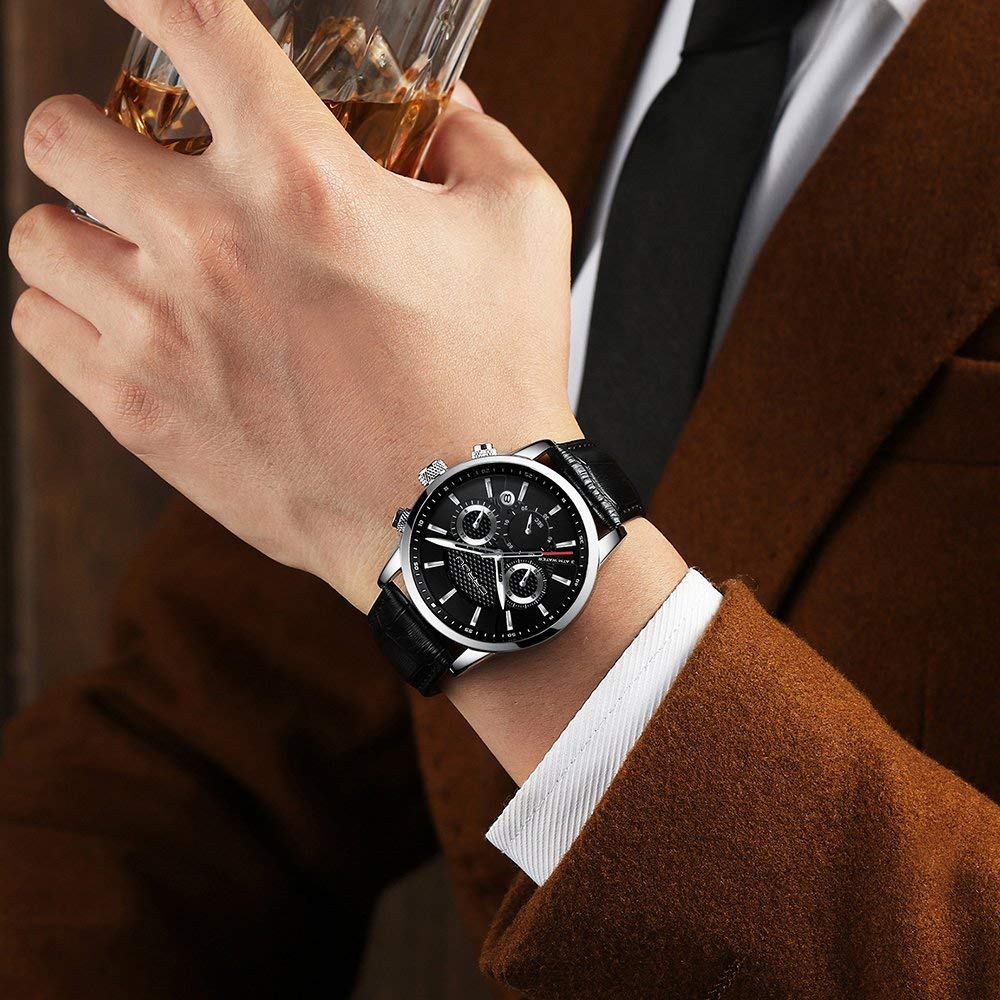 CRRJU Fashion 3-Sub Chronograph Auto Date Sport Quartz Leather Wrist Watches for Men