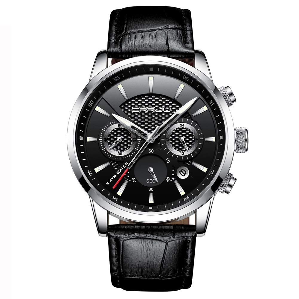 CRRJU Fashion 3-Sub Chronograph Auto Date Sport Quartz Leather Wrist Watches for Men