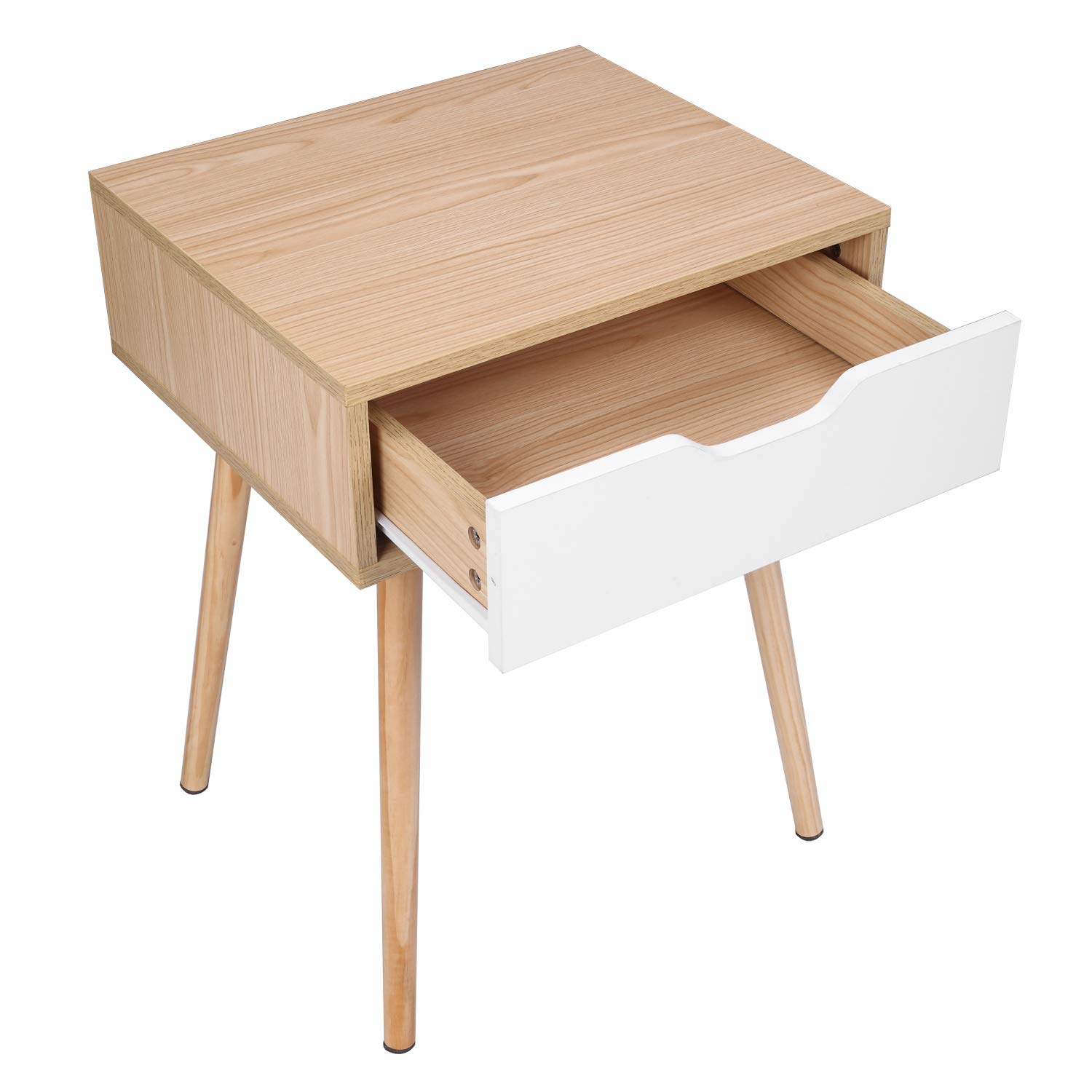Bonnlo White & Nature Wood Nightstand End Side Table with Drawer & Solid Wood Legs for Living Room, Bedroom, Small End Side Table Bed Side Tables/Night Stands for Small Spaces, 18.2x15.7x24.4in