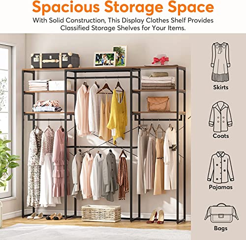 LITTLE TREE Free Standing Closet Organizer, Large Heavy-duty Garment Rack with Shelves and Hanging Rods,Open Wardrobe for Bedroom,Brown