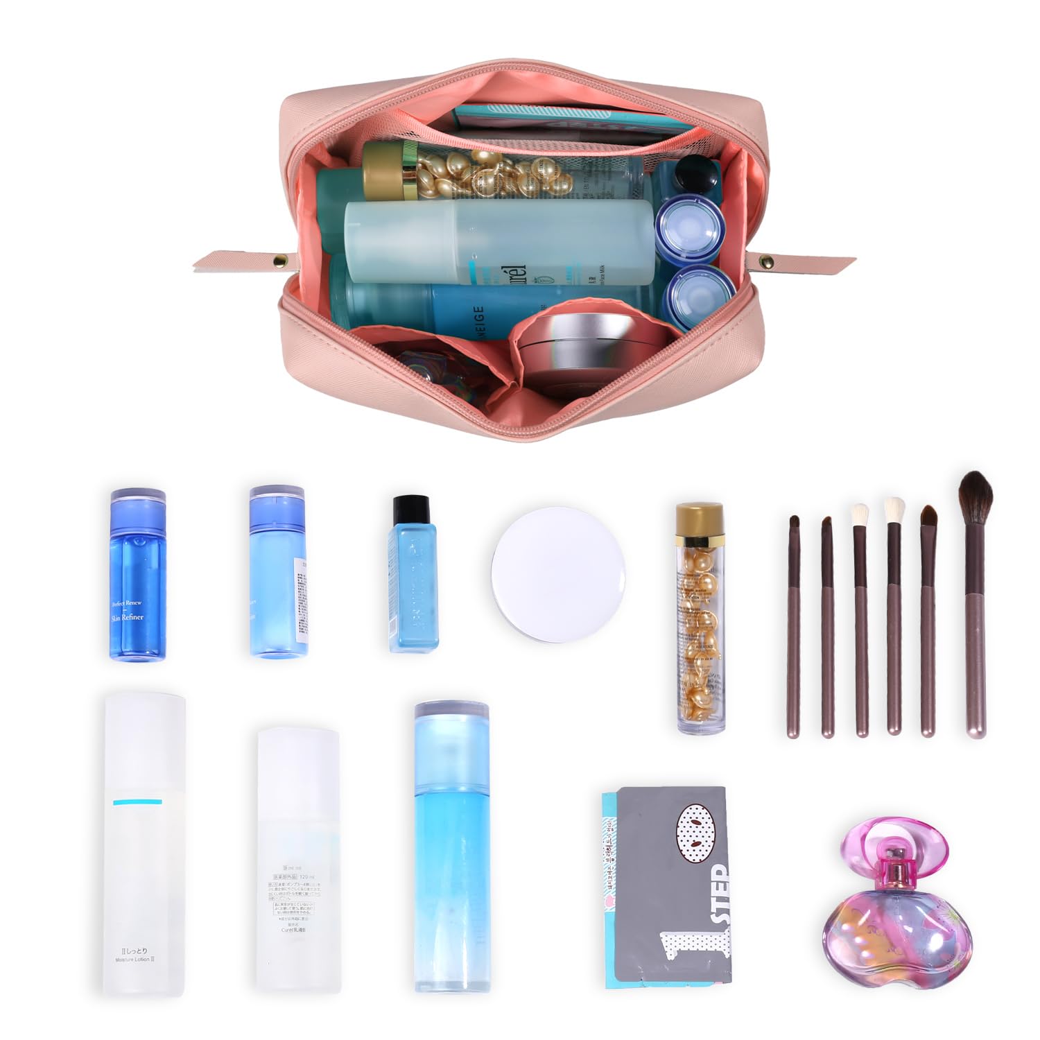 PU Leather Makeup Bag Travel Cosmetic Bag Organizer Make up Bag with Organization Pockets for Women (Large, Pink)