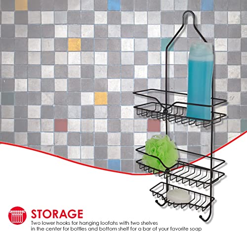 Home Basics Classic 2 Shelf Shower Caddy with Bottom Hooks and Center Soap Dish Tray, Bronze