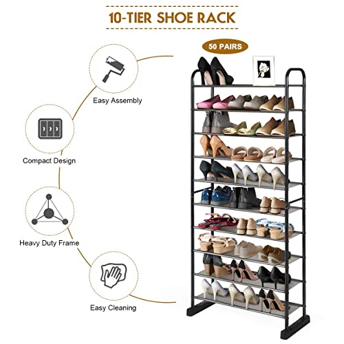 Tangkula 10-Tier Free Standing Shoes Rack, Space-Saving Shoes Organizer Shoes Storage Stand, Shoe Tower Storage Organizer, Entryway Hallway Shoes Tower, 26β x 11.5β x 60β, Black