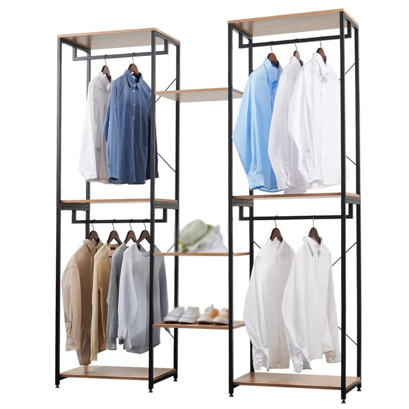Walnut Wardrobe Clothes Rail 2 + 3 + 2 Shelves with Shoe Rack Clothing Storage Cabinet Clothes Shoes Bedroom Furniture
