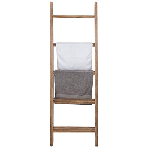 MyGift Rustic Brown Wood Blanket Ladder Farmhouse Shelf, Wall Leaning Towel Rack with 5 Rungs