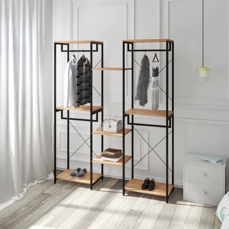 Walnut Wardrobe Clothes Rail 2 + 3 + 2 Shelves with Shoe Rack Clothing Storage Cabinet Clothes Shoes Bedroom Furniture
