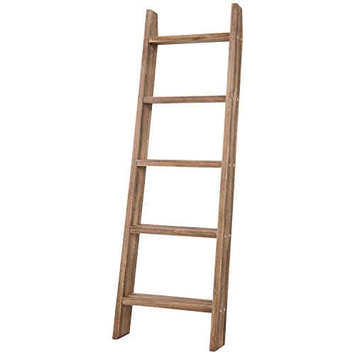 MyGift Rustic Brown Wood Blanket Ladder Farmhouse Shelf, Wall Leaning Towel Rack with 5 Rungs