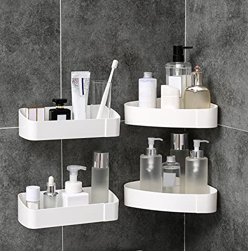 Fineget Plastic Shower Caddy Adhesive Shower Shelves for Wall Bathroom Kitchen Bathtub Rustproof Home Basket Shelf Removable No Drilling Storage Organizer Quick Dry White 4 Pack