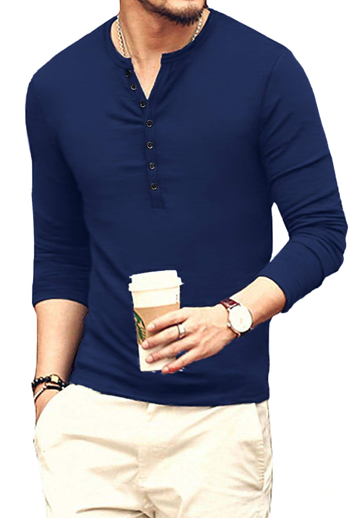 YTD Mens Casual Slim Fit Basic Henley Long Sleeve Fashion T-Shirt S Navy