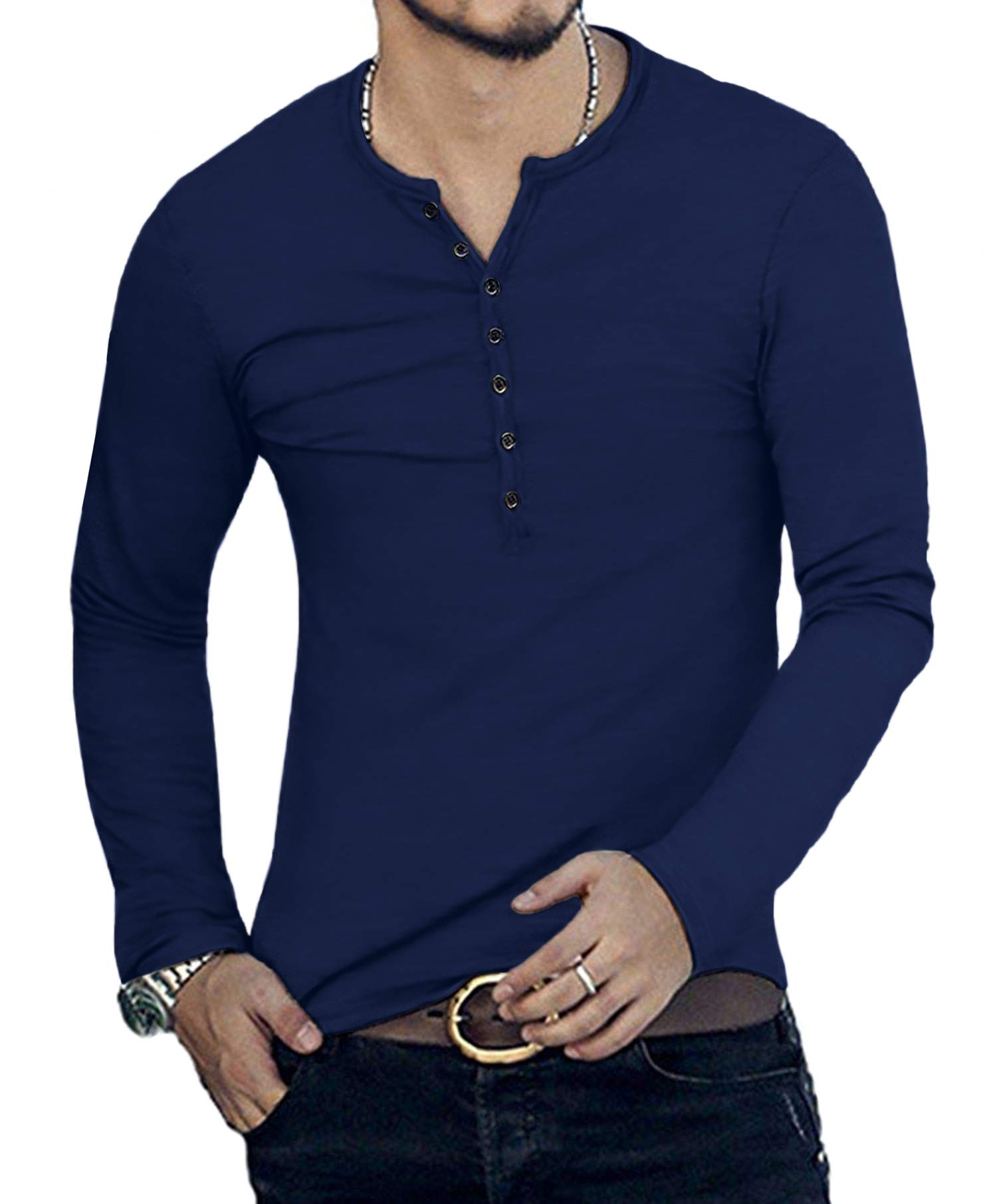 YTD Mens Casual Slim Fit Basic Henley Long Sleeve Fashion T-Shirt S Navy
