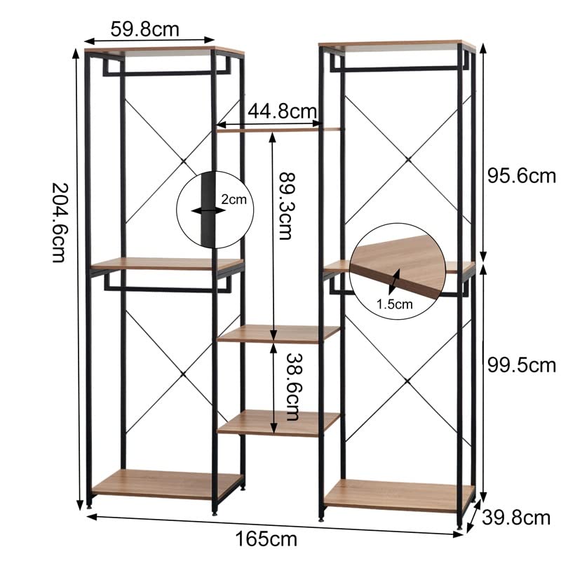 Walnut Wardrobe Clothes Rail 2 + 3 + 2 Shelves with Shoe Rack Clothing Storage Cabinet Clothes Shoes Bedroom Furniture